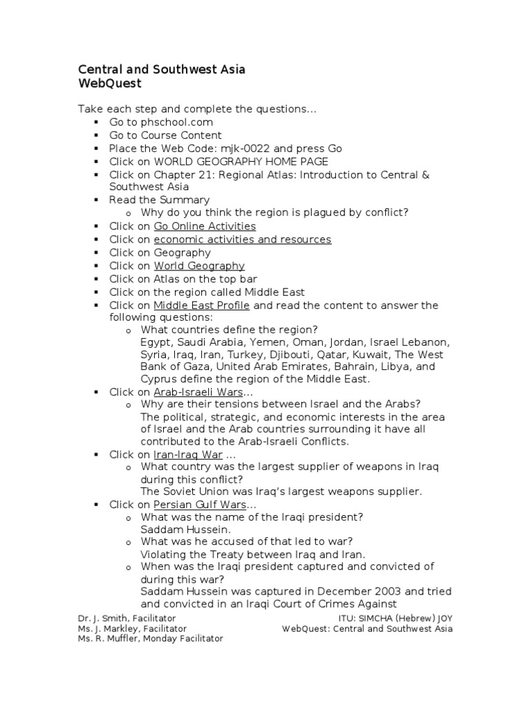 Central and Southwest Asia WebQuest | PDF | Western Asia | Israel