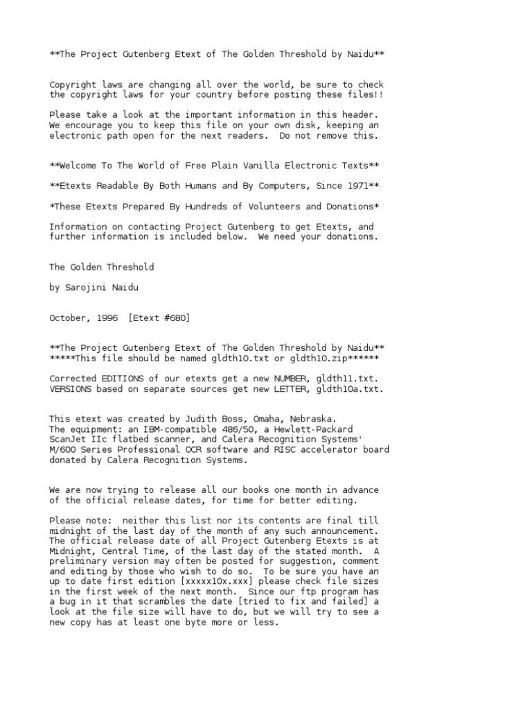 "The Golden Threshold Etext by Naidu" | PDF | Project Gutenberg | Indemnity