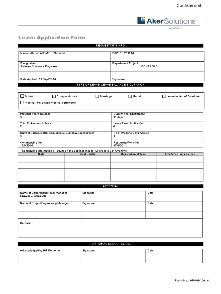 Leave Application Form: Subsea Graduate Engineer Controls | PDF