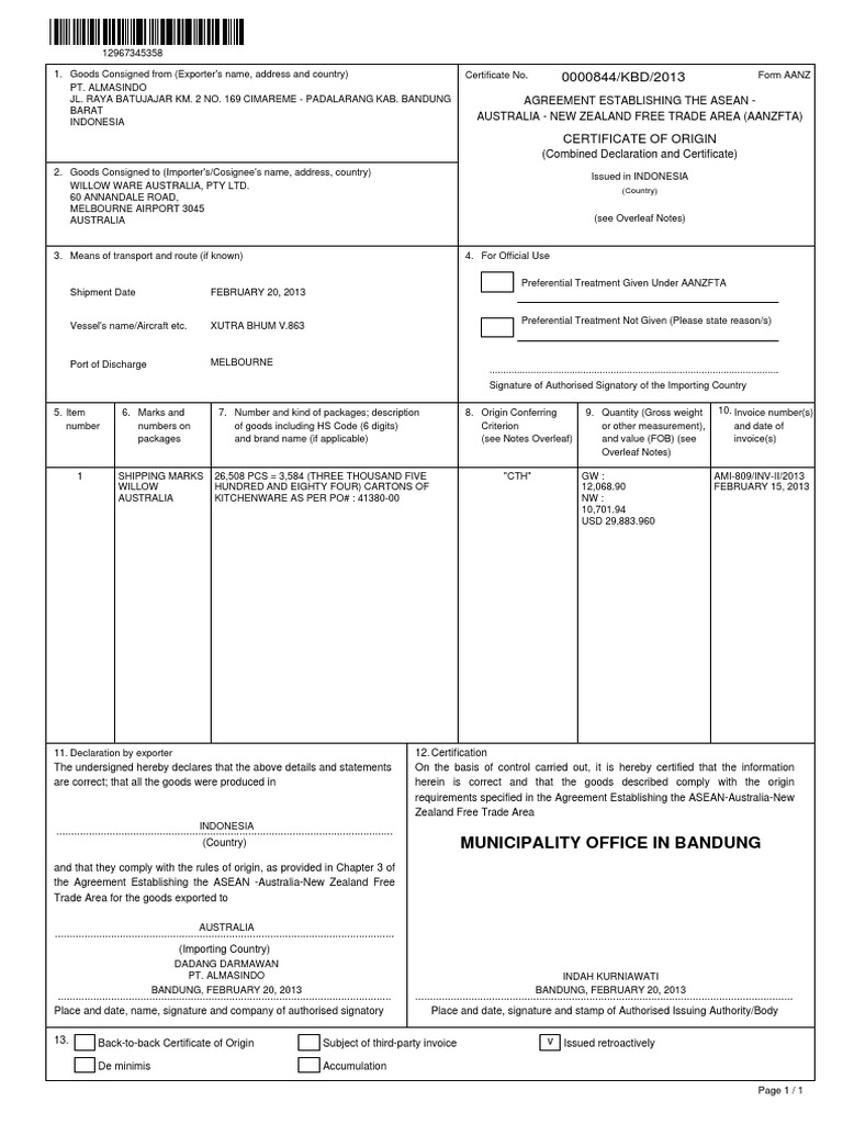 AANZFTA Certificate of Origin | PDF | Asean Free Trade Area | Australia