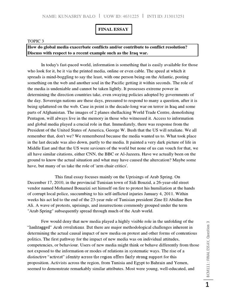 Final Essay: Name: Kunasriy Balo UOW ID: 4631225 INTI ID: J13013251 ...