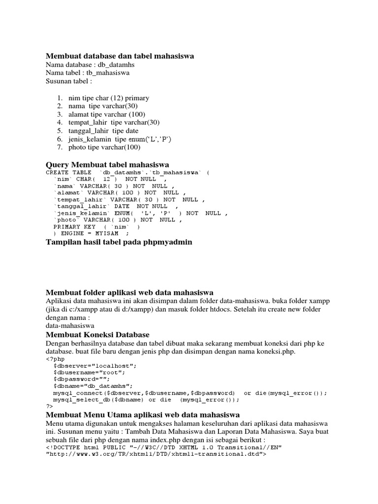 Membuat Database Dan Tabel Mahasiswa | PDF Membuat Database Dan Tabel Mahasiswa | PDF