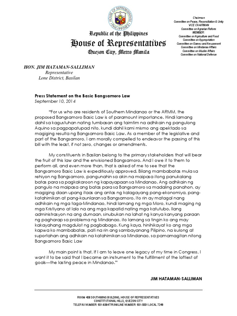 Statement of Rep. Jim Hataman-Salliman On The BBL | PDF | Philippines ...