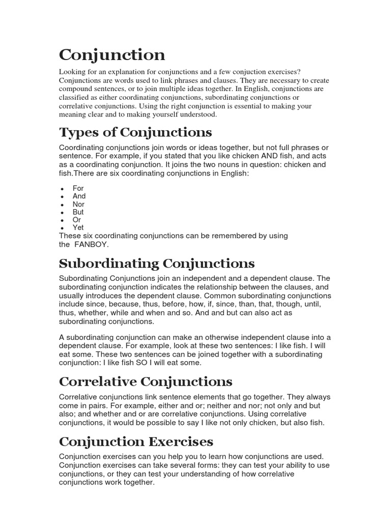 Conjunction: Types of Conjunctions | PDF | Grammar | Syntactic Relationships