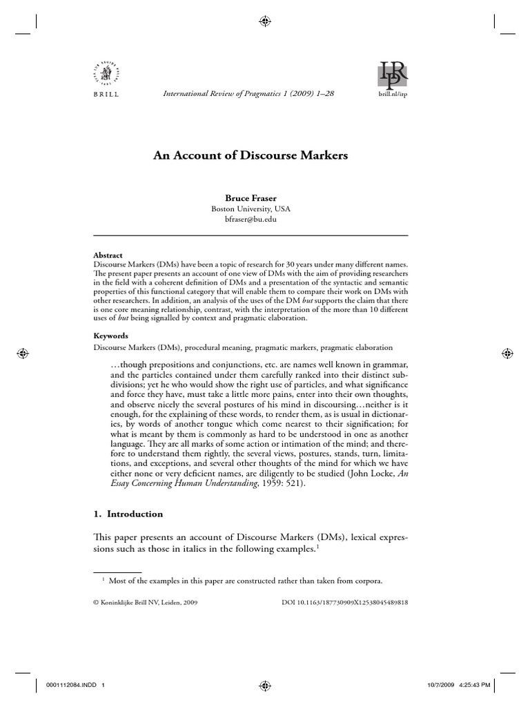Fraser - An Account of Discourse Markers | PDF | Idiom | Semantics