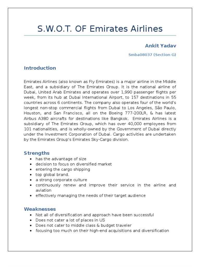 Emirates Airlines SWOT Analysis | PDF