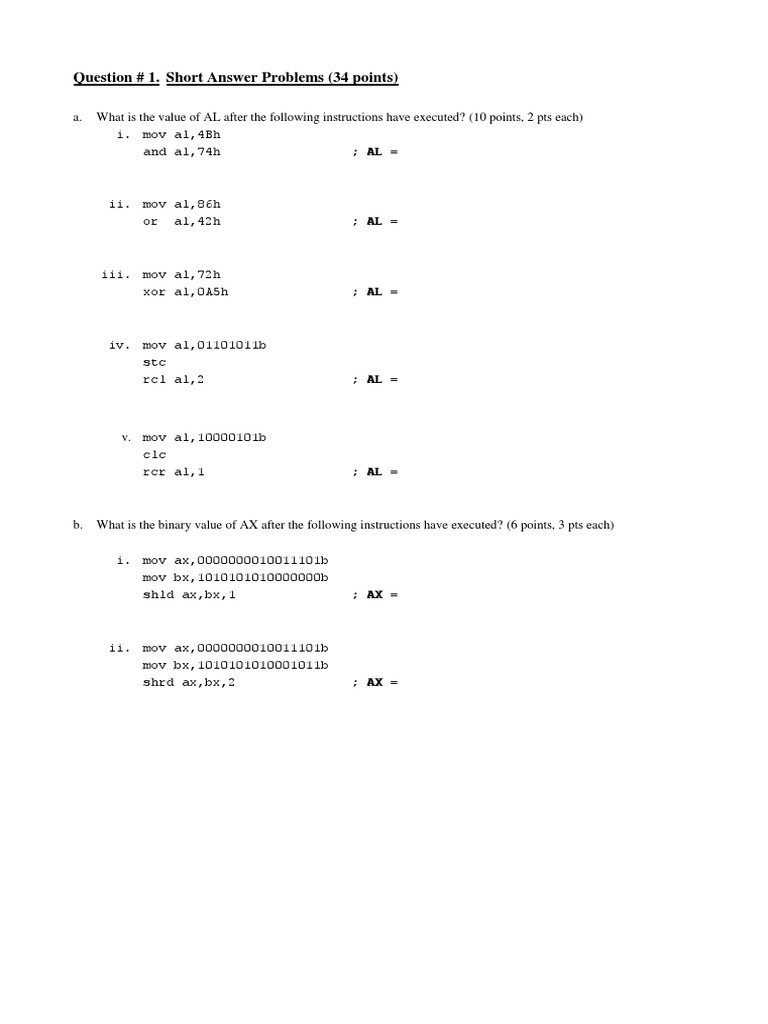 Question # 1. Short Answer Problems (34 Points) | PDF | Assembly ...