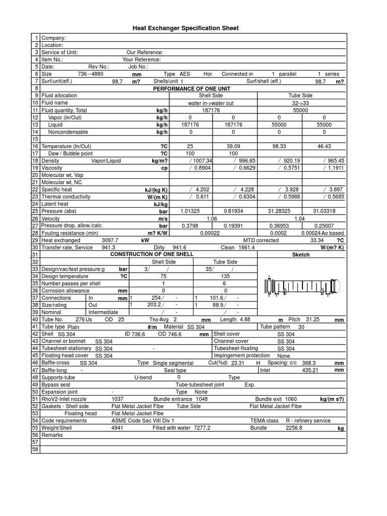 Heat Exchanger Specification Sheet: MM M? M? Performance of One Unit ...