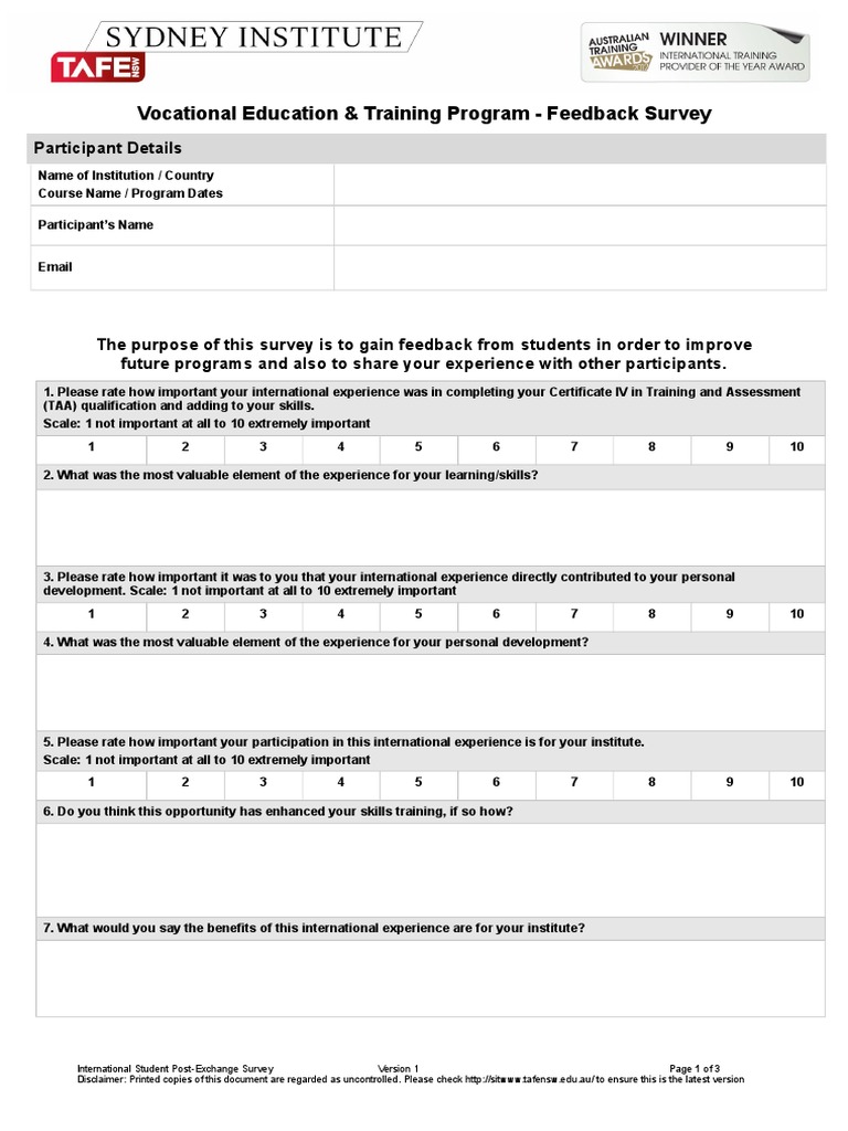 Vocational Education & Training Program - Feedback Survey: Participant ...
