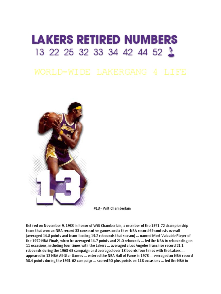 Lakers Retired Numbers | PDF | Los Angeles Lakers | National Basketball ...