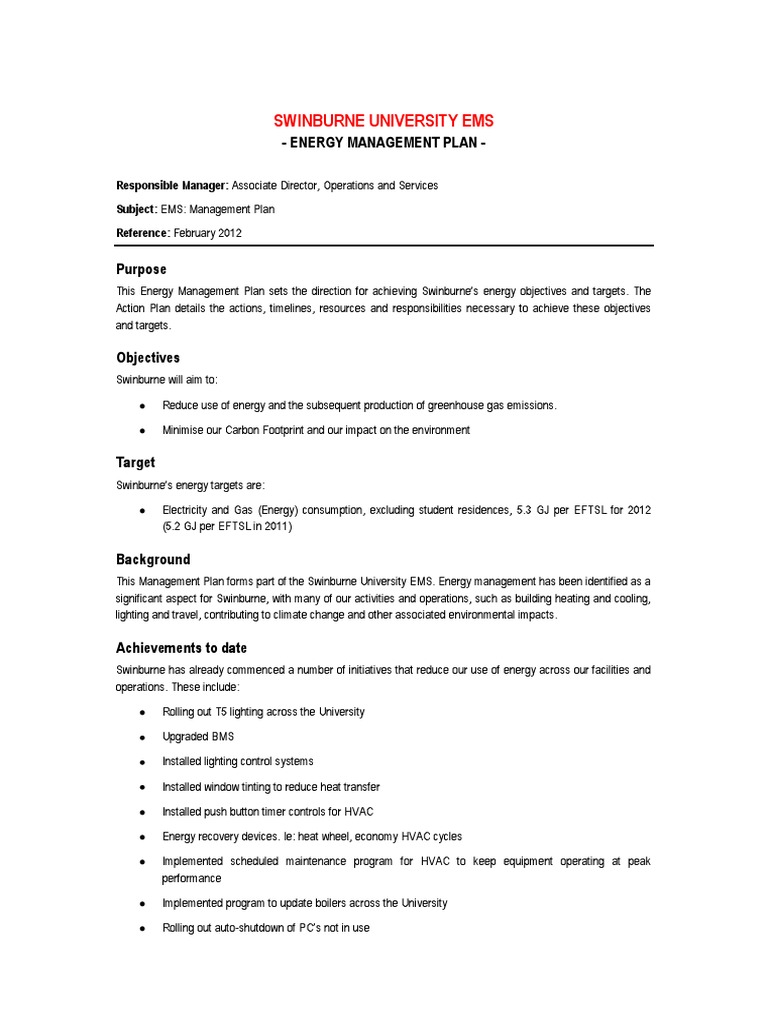 Swinburne University Ems: - Energy Management Plan | Download Free PDF ...