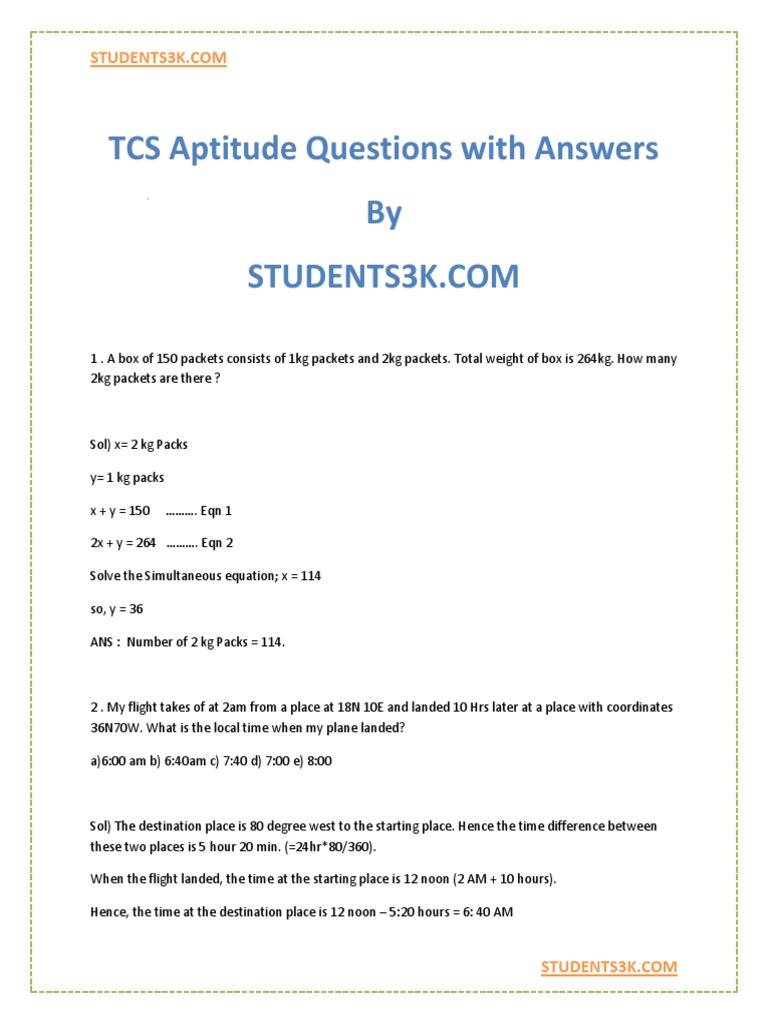 TCS Aptitude Questions Paper With Solved Answers - Students3k | Array Data Structure | Integer ...