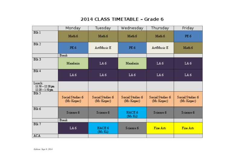 Timetable - Grade 6 | PDF | Foreign Language Studies