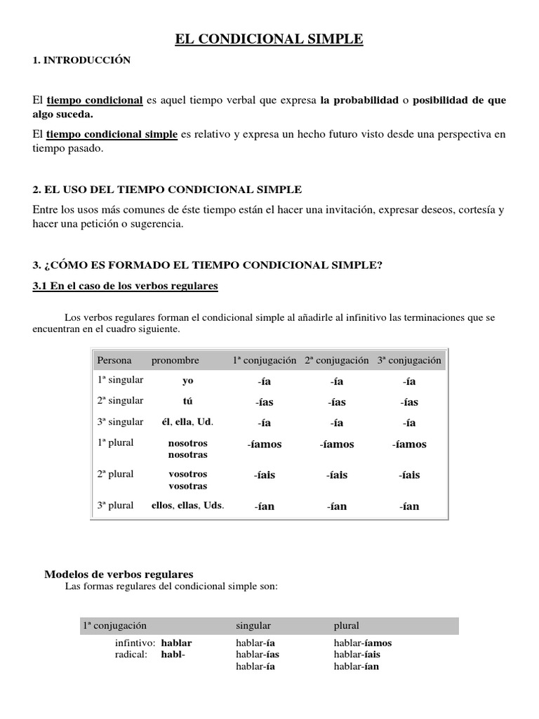 El Condicional Simple | PDF | Conjugación gramatical | Verbo