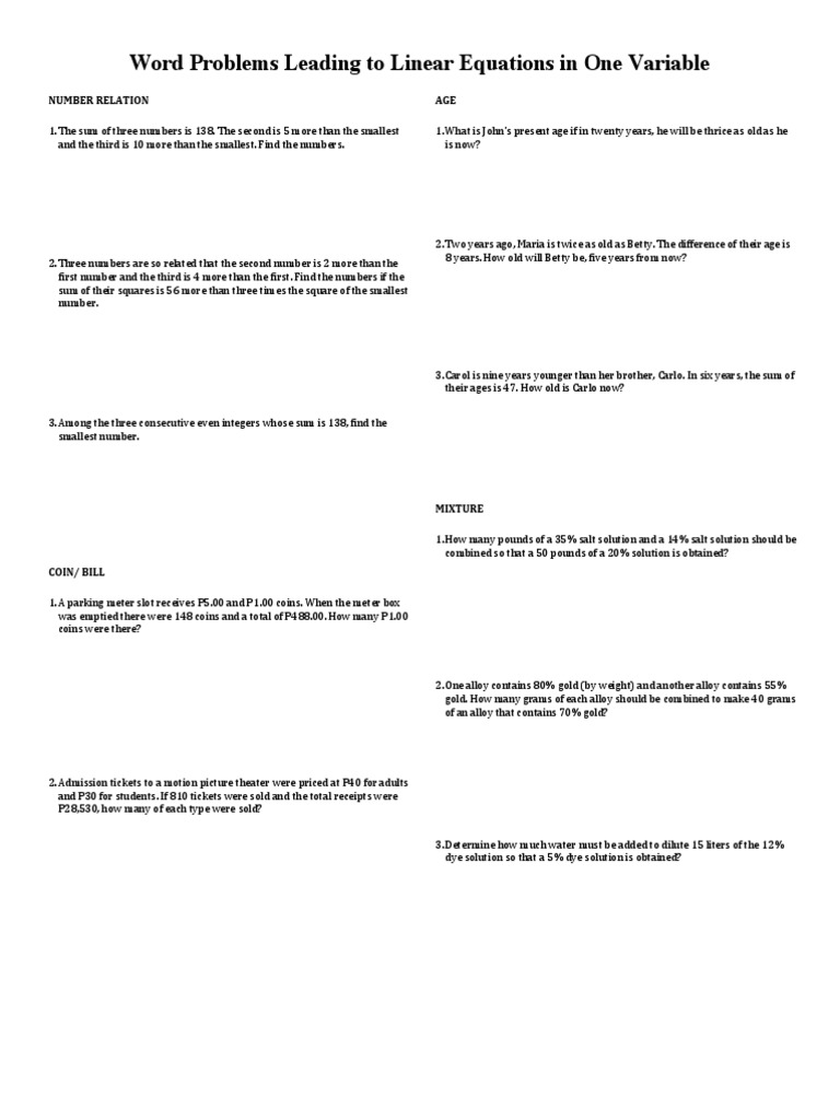 Word Problems Leading To Linear Equations in One Variable | PDF ...