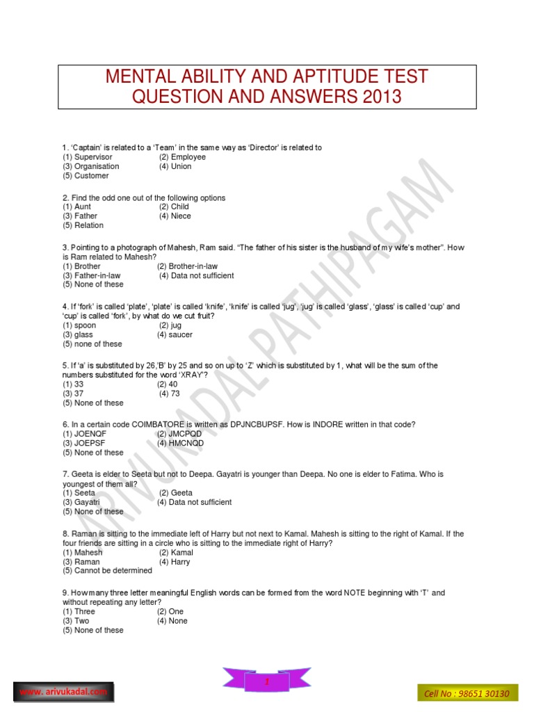 TNPSC Mental Ability and Aptitude Test Question and Answers 2013 | PDF ...