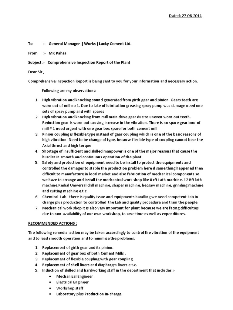 Comprehensive Inspection Report of The Plant | PDF | Gear | Machines