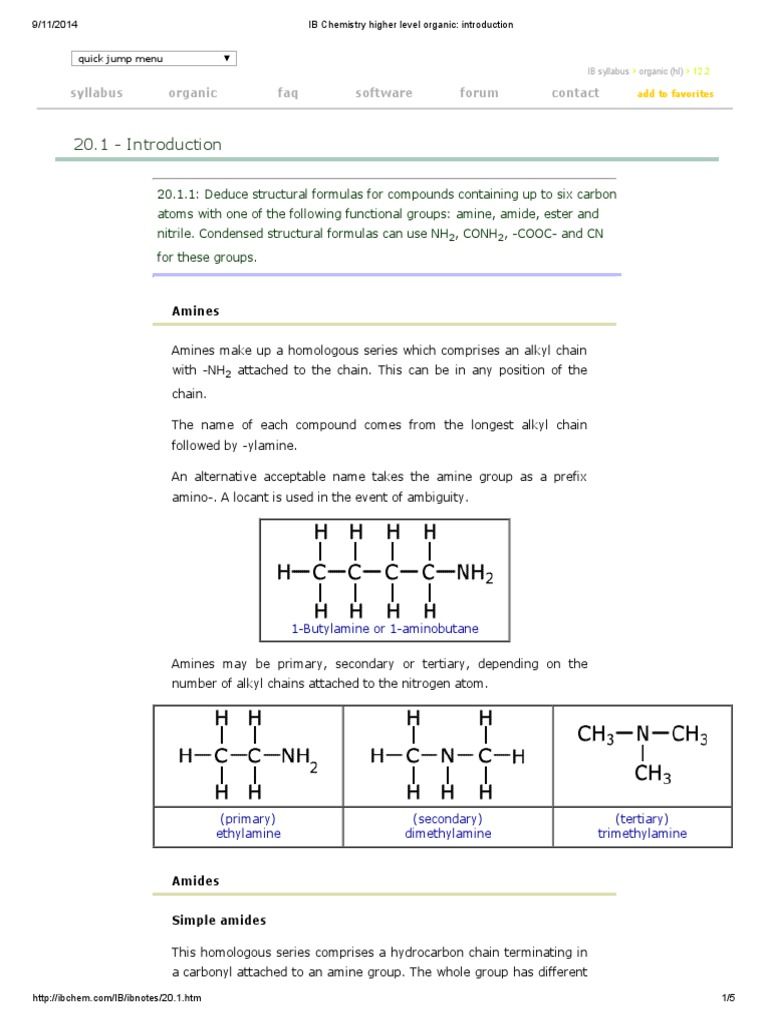 IB Chemistry Higher Level Organic - Introduction | PDF | Amine | Amide