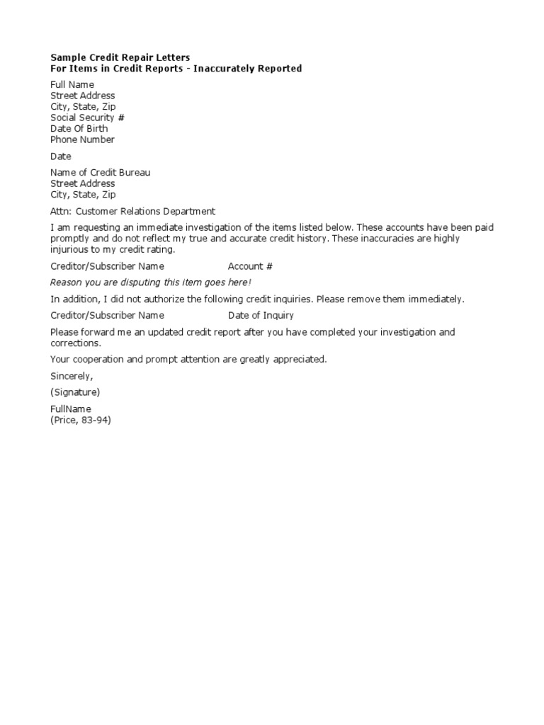 Sample Credit Repair Letters For Items in Credit Reports - Inaccurately ...