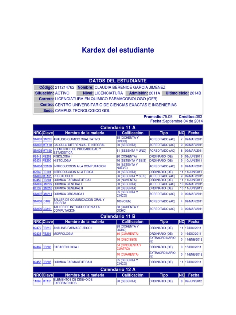 Kardex Del Estudiante | PDF | Ciencias Naturales | Ciencias fisicas