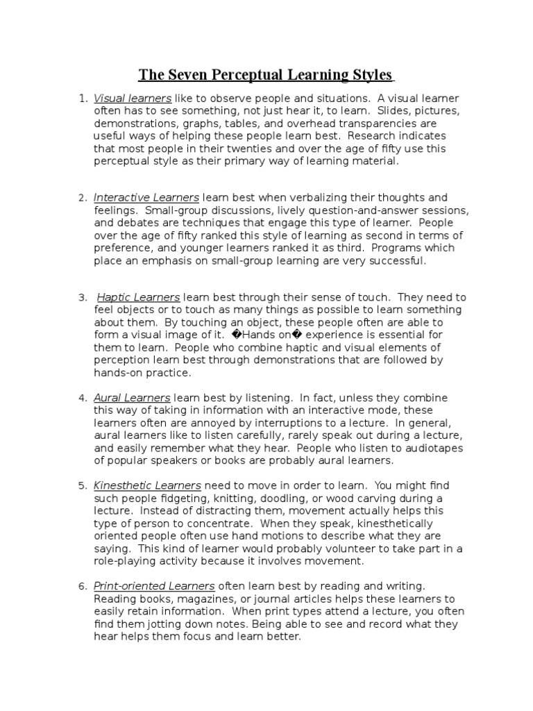 The Seven Perceptual Learning Styles | PDF | Learning Styles | Perception