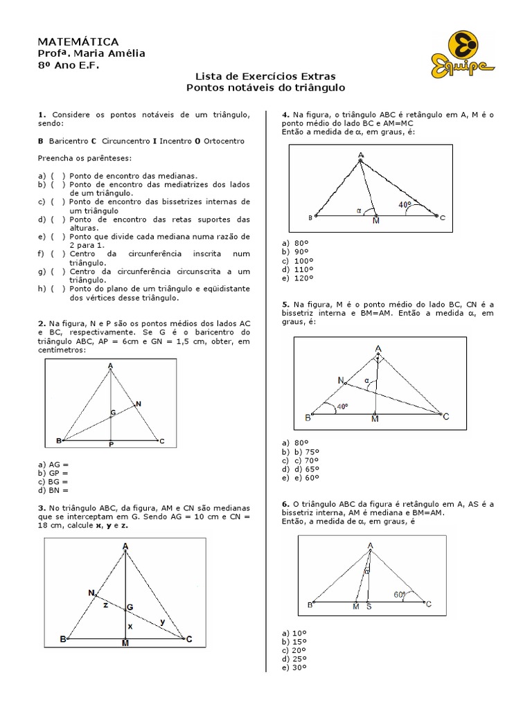 Exercícios - Pontos Notáveis Do Triângulo - 8º Ano - 28-05-2014 | PDF | Triângulo | Geometria ...