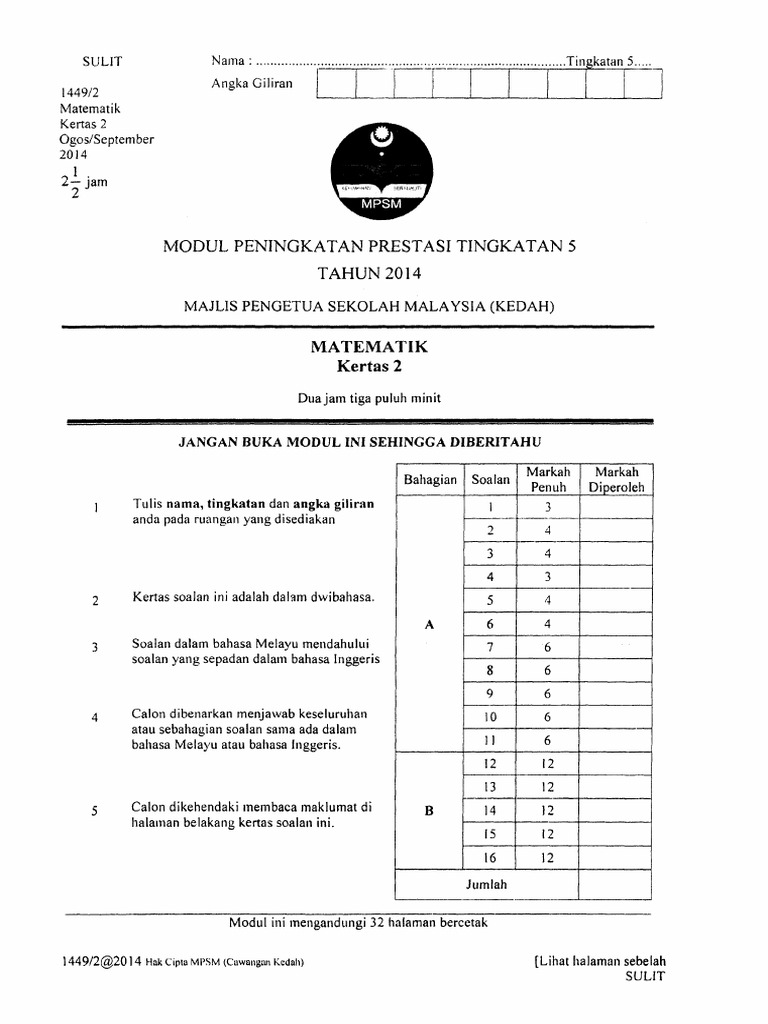 Trial Kedah 2014 Spm Matematik K2 Dan Skema Scan Pdf