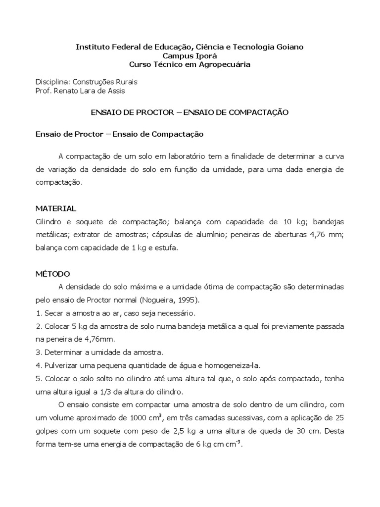Aula Pratica - Ensaio de Proctor Normal | PDF | Quantidades físicas ...