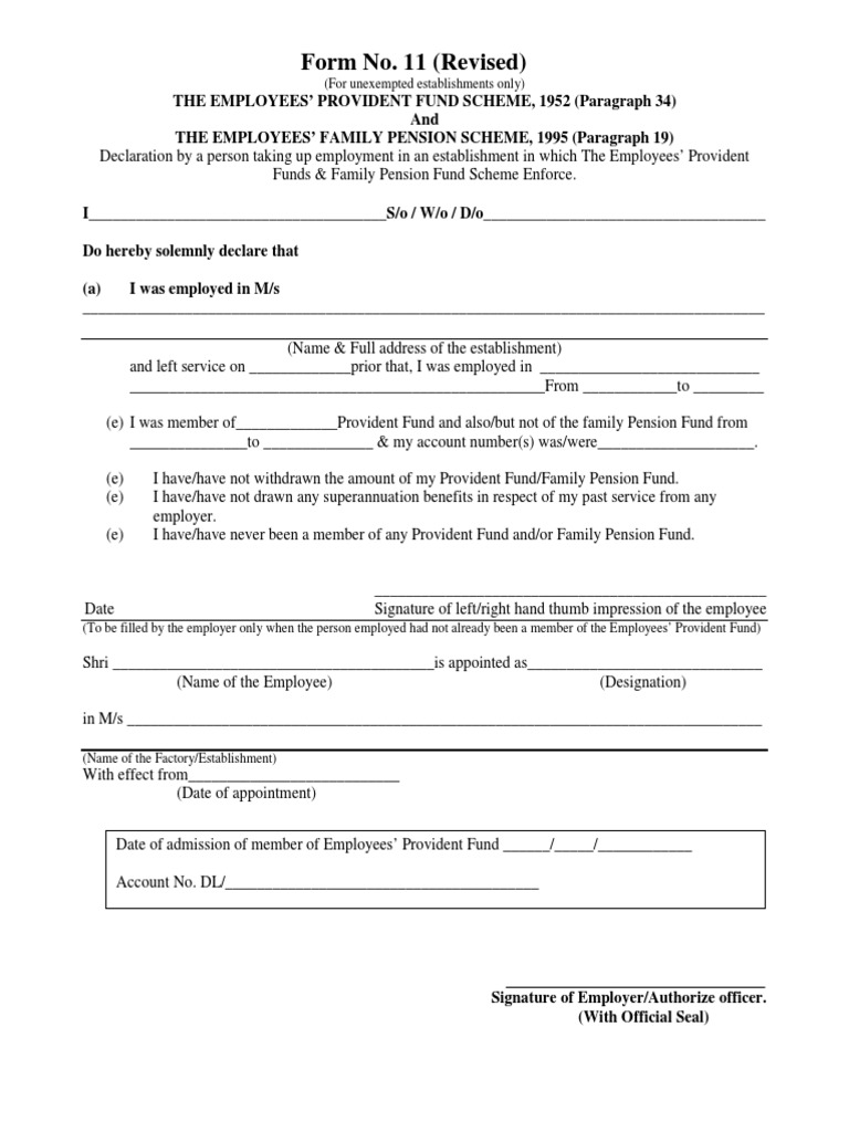 Form No. 11 (Revised) : (For Unexempted Establishments Only) | PDF