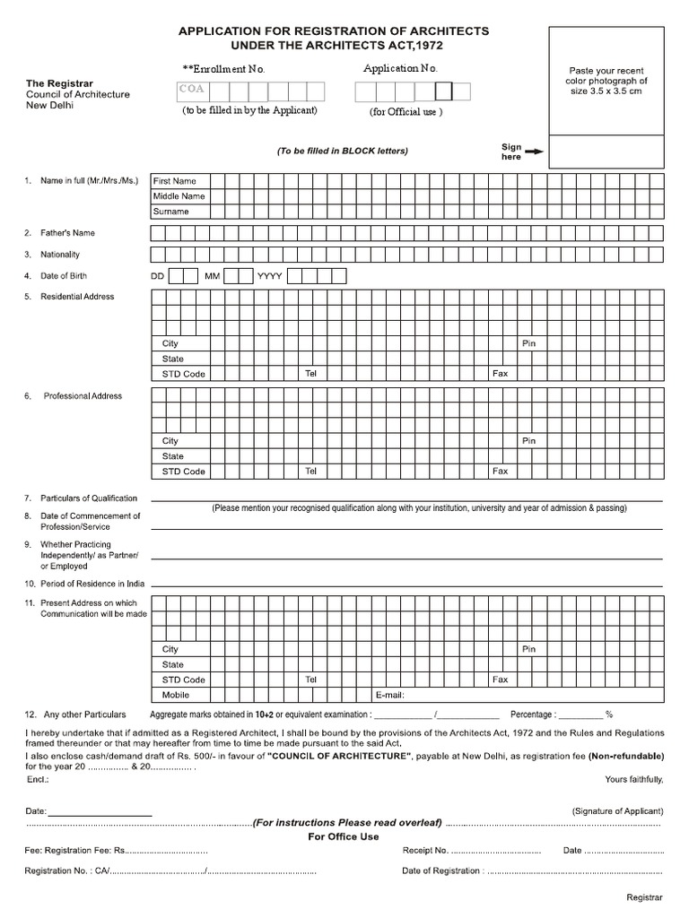 Application Form For Registration As An Architect | PDF | Academic ...