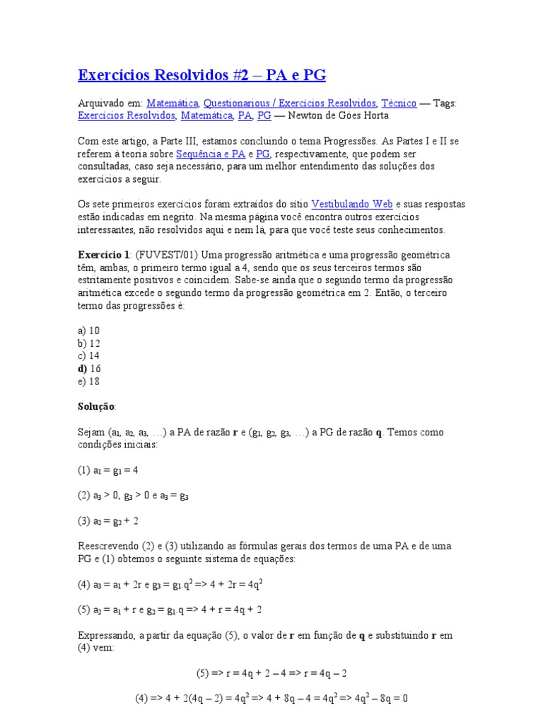 Exercícios Resolvidos de PA e PG | PDF | Triângulo | Sequência