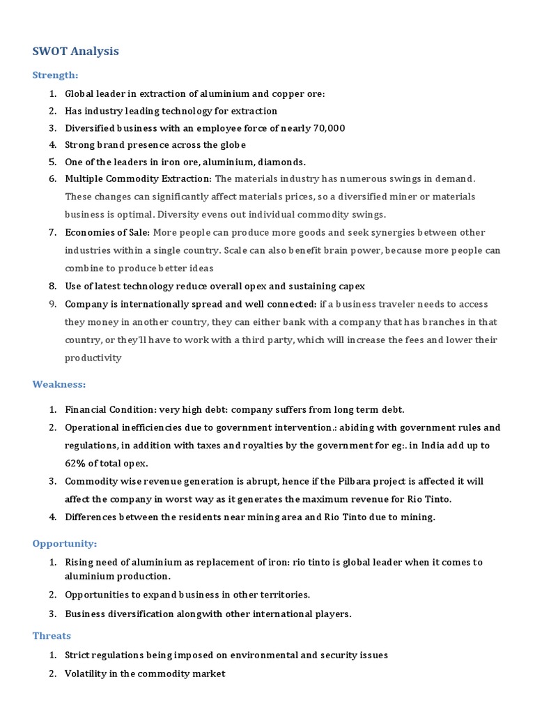 Rio Tinto SWOT Analysis | PDF | Mining | Commodity