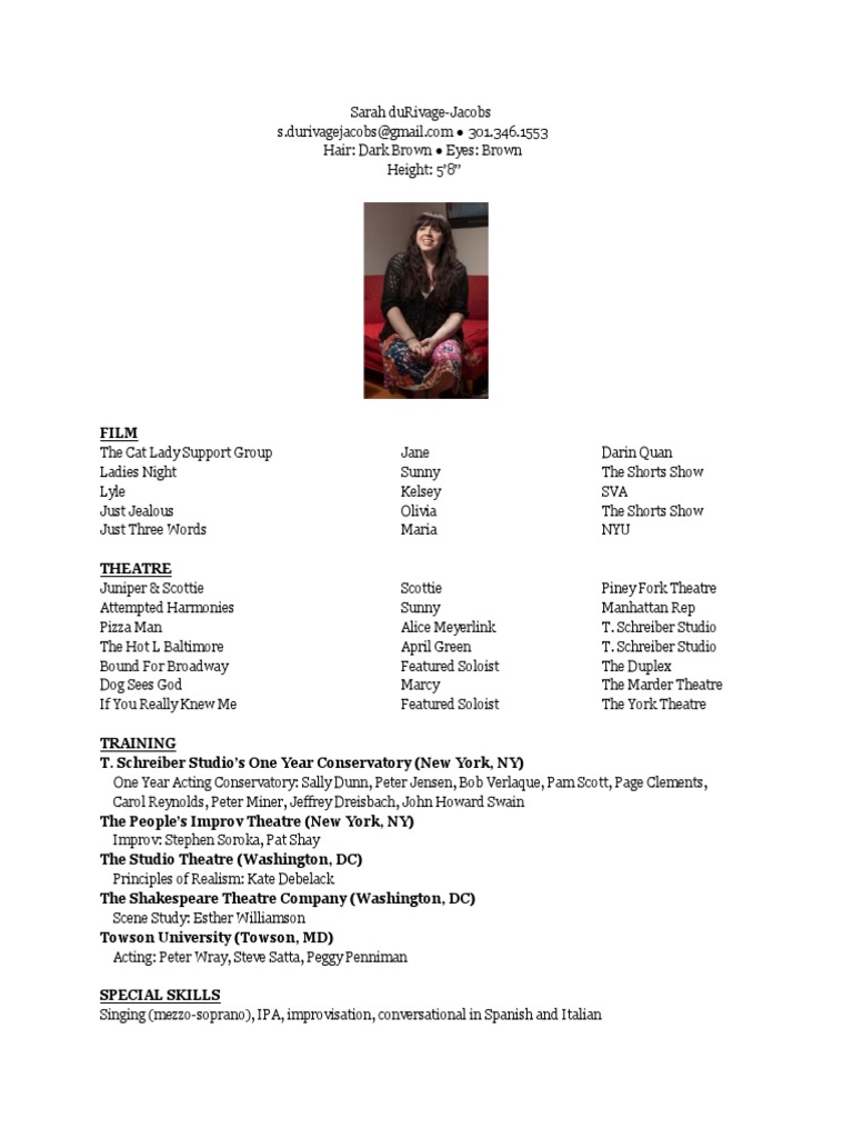 Sarah duRivage-Jacobs's Acting Resume | PDF | Language Arts & Discipline | Poetry
