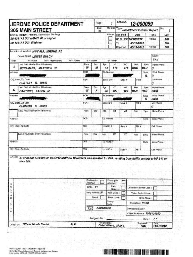 May 12, 2012, Jerome, Arizona, Police Department DUI Report On Matt ...