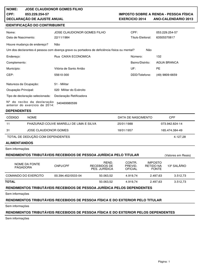 Declaração IRPF 2014 (Retificadora) | PDF | Imposto de Renda | Renda