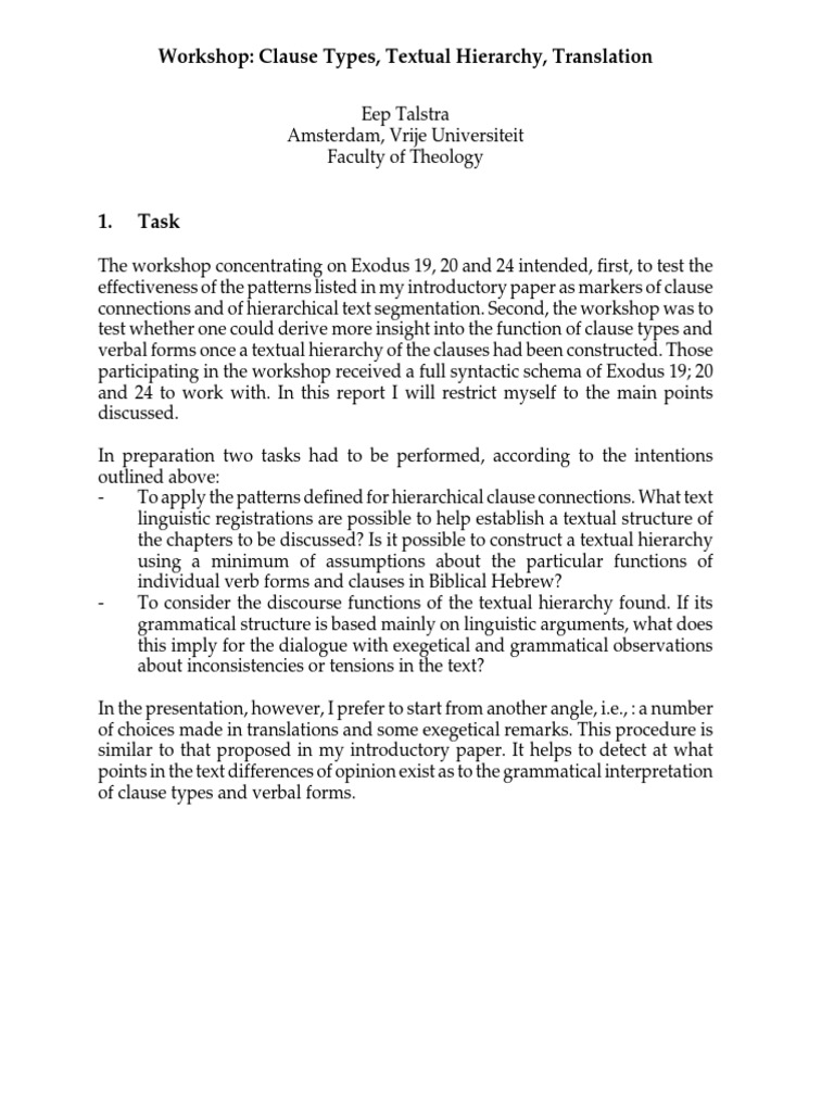 Workshop - Clause Types, Textual Hierarchy, Translation - Eep Talstra ...