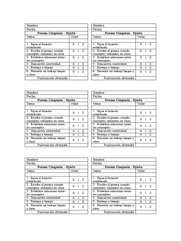 Rubrica para Evaluar Poemas Cinquain y Syntu | PDF