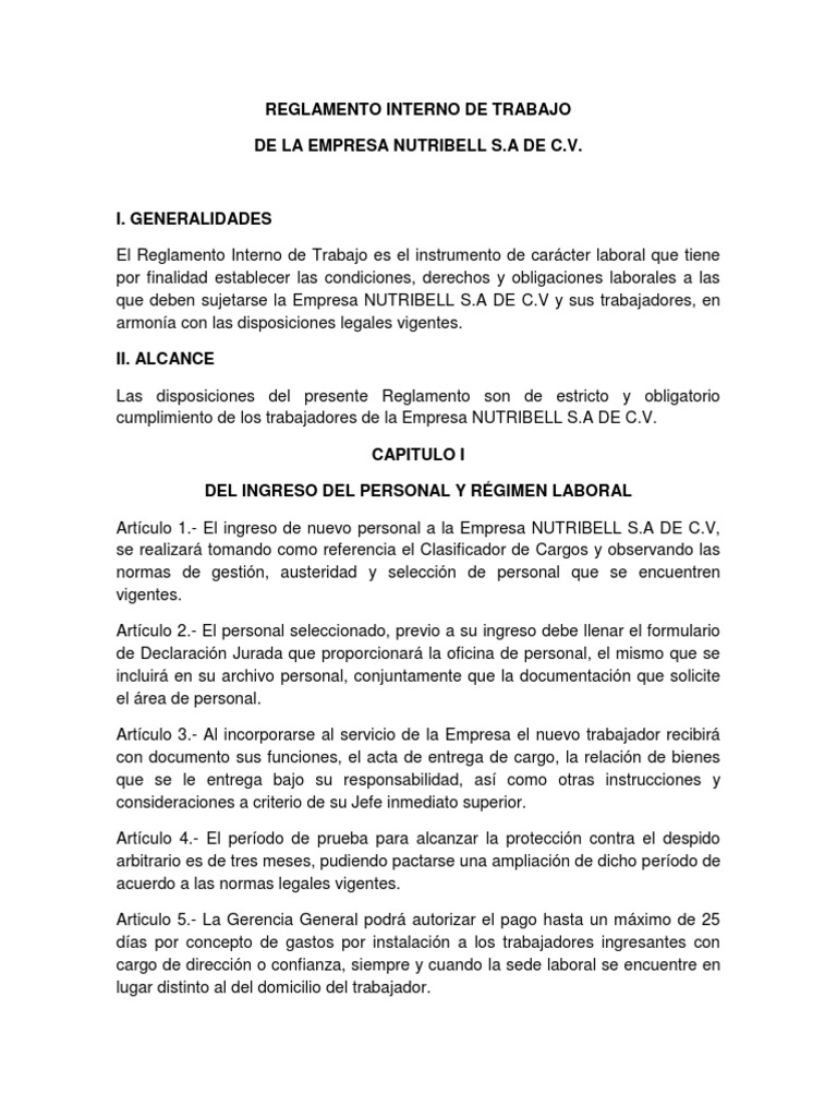 Reglamento Interno de Trabajo | PDF | Derecho laboral | Salario
