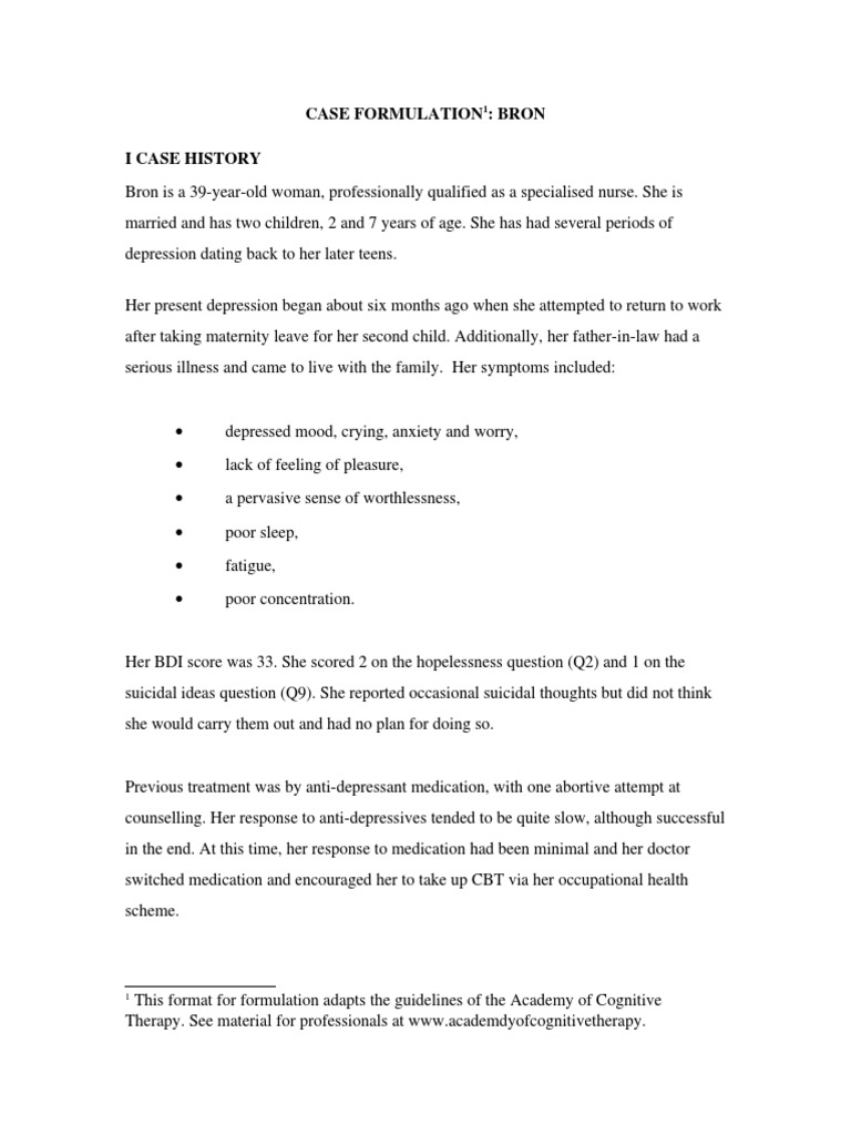 1 Case Formulation - Bron | Depression (Mood) | Major Depressive Disorder