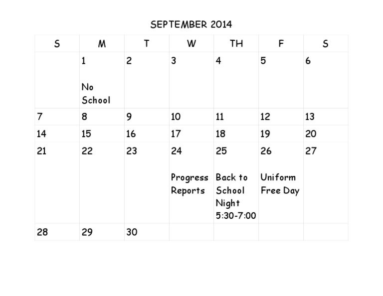 September 2014 School Events Calendar | PDF