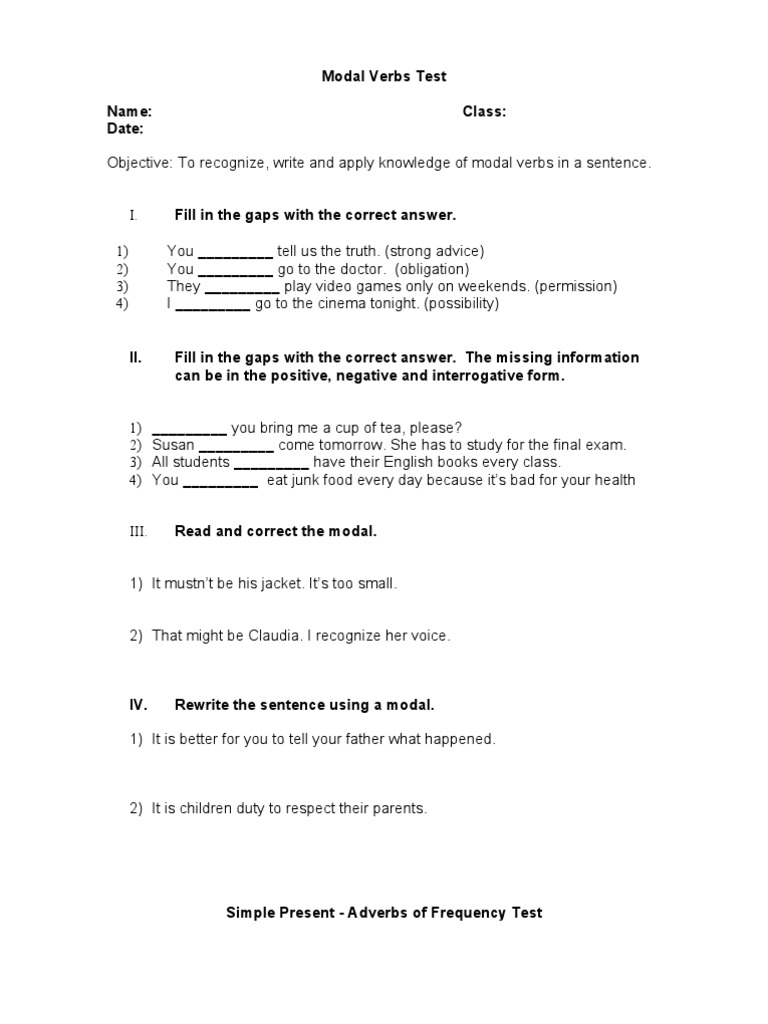 Modal Verbs and Adverbs Test | PDF | Verb | Morphology