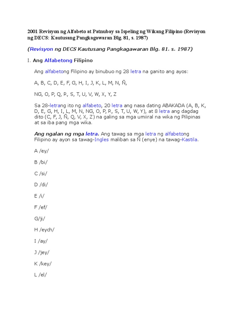 2001 Revisyon NG Alfabeto at Patnubay Sa Ispeling NG Wikang Filipino | PDF