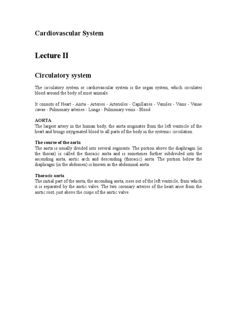 Cardiovascular System - Lecture II | PDF | Aorta | Artery