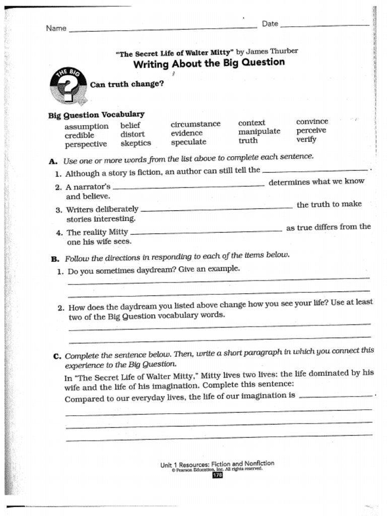 Secret Life of Walter Mitty Worksheets P. 178-181 | PDF