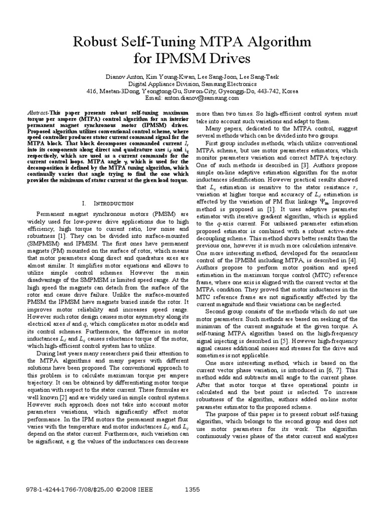 Robust Self-Tuning MTPA Algorithm For IPMSM Drives 2008 | PDF | Electric Motor | Inductance
