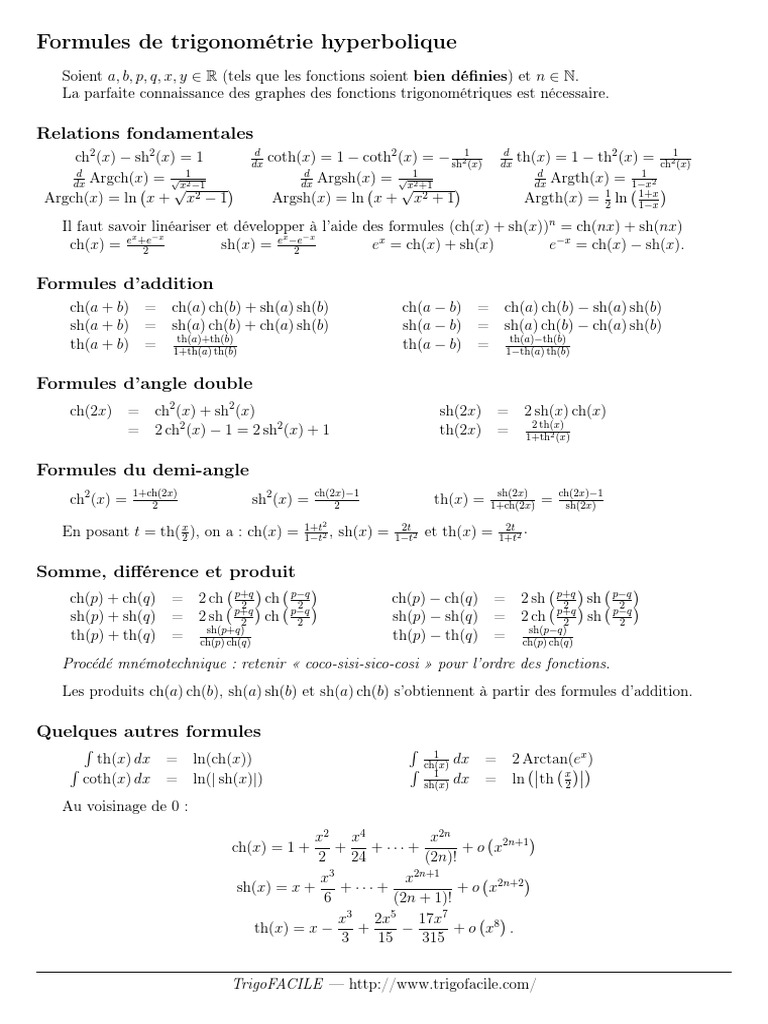 Formules de trigonométrie hyperbolique | PDF