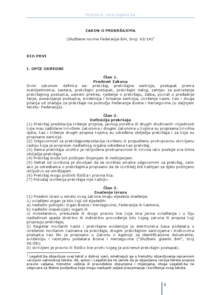Zakon o Prekršajima FBiH | PDF