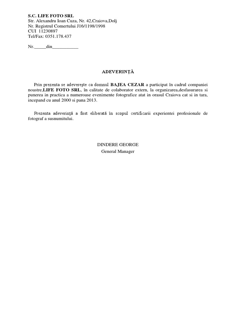 Adeverinta Experienta Profesionala | PDF