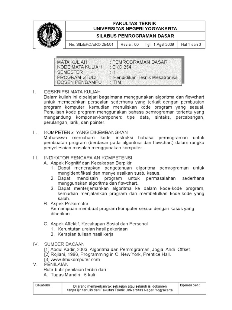 Silabus Pemrograman Dasar UNY | PDF | Komputer