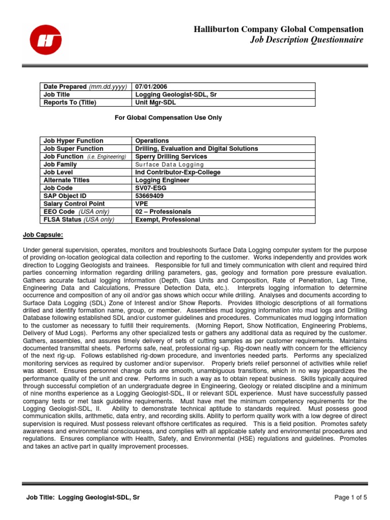 Sv07-Esg - Logging Geologist-Sdl, SR - Logging Engineer | PDF ...